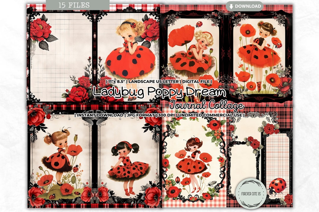 Ladybug Poppy Dream Journal Collage Sheet, Spring, Summer, Insect ...