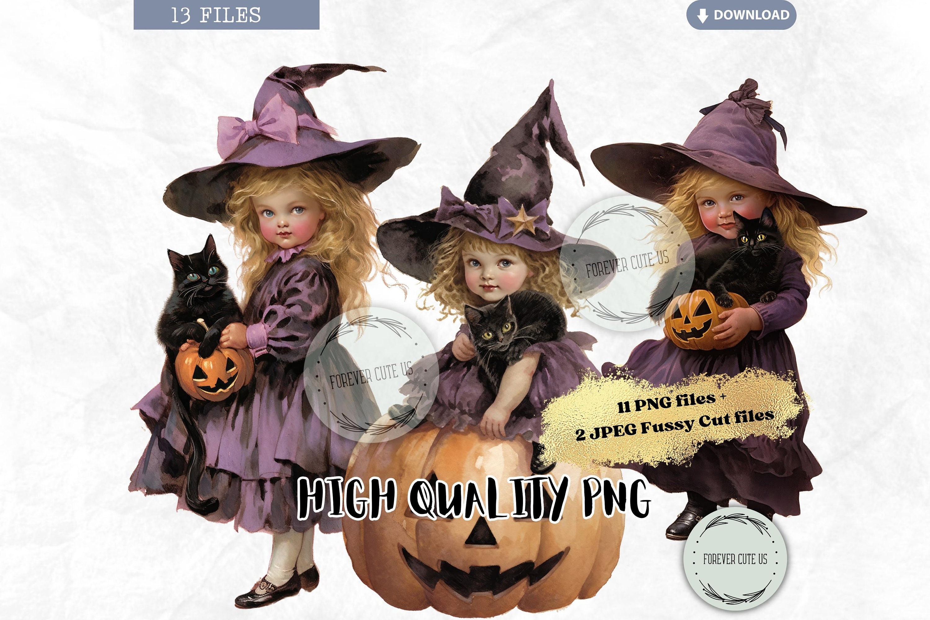 Vintage Purple Little Witch Clipart Bundle, Black Cat, Retro, Pumpkin ...