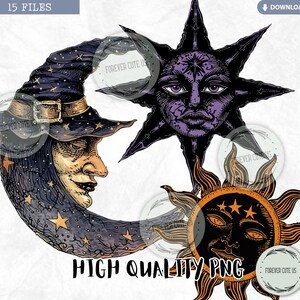 Halloween Celestial Clipart, Moon, Sun, Witch, Black Cat, Crescent ...
