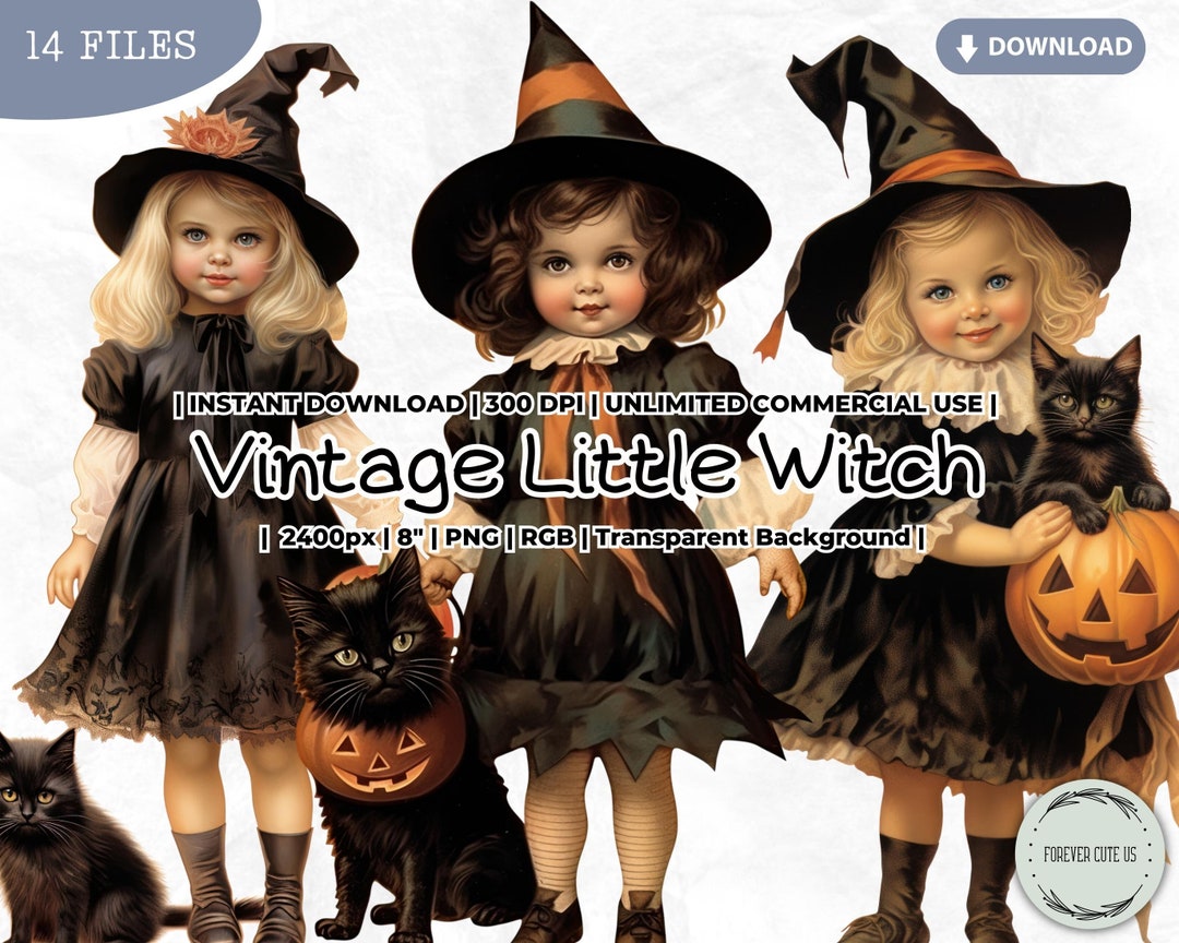 Vintage Little Witch Clipart Bundle, Black Cat, Little Girl, Pumpkin ...