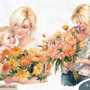 Flowers for Mom Clipart, Mother's Day Clipart, Mom and Son, Mom and ...