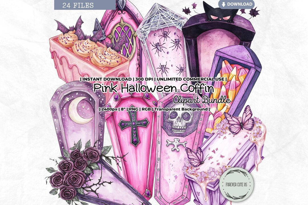 Pink Halloween Coffin Clipart, Watercolor, Pastel, Corpse, Death ...