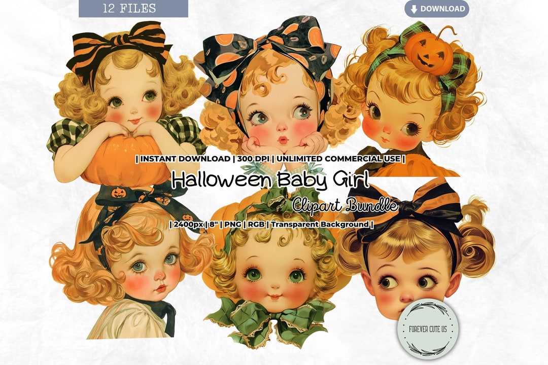 Halloween Baby Girl Clipart, Retro Little Girl Doll Head, Vintage, Cute ...