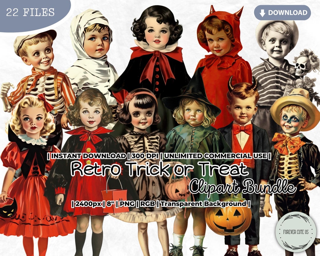Retro Trick or Treat Clipart Bundle, Halloween, Little Girl, Boy, Ghost ...