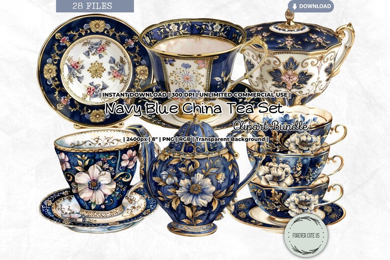 Navy Blue China Tea Set Clipart Set, Royal, Teacup, Teapot, Vintage ...