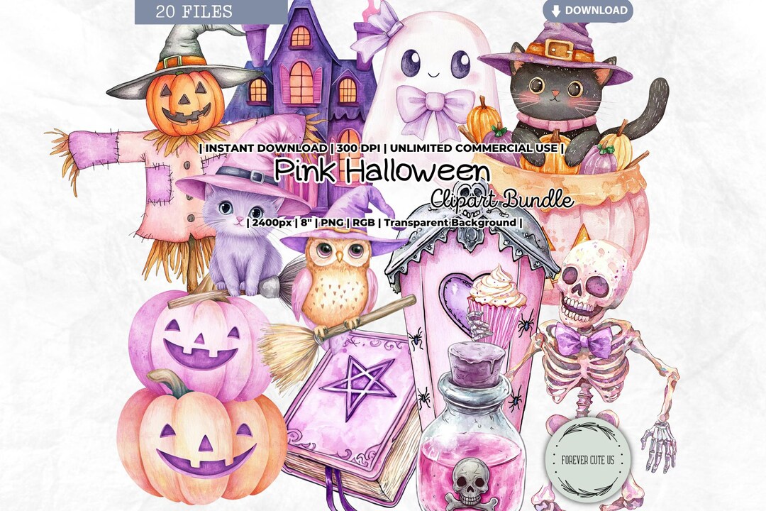 Pink Halloween Clipart, Pastel, Haunted House, Ghost, Witch, Black Cat ...