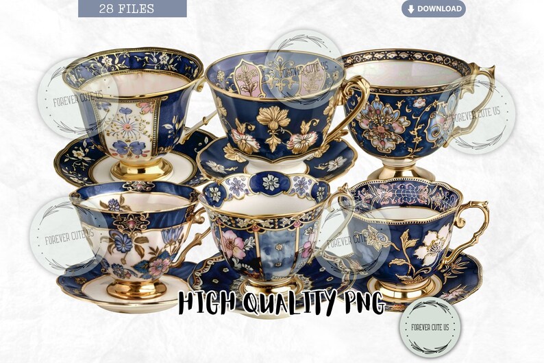 Navy Blue China Tea Set Clipart Set, Royal, Teacup, Teapot, Vintage ...