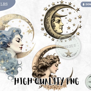 Vintage Moon Goddess Clipart, Moon Motifs, Moonlight, Star, Victorian ...