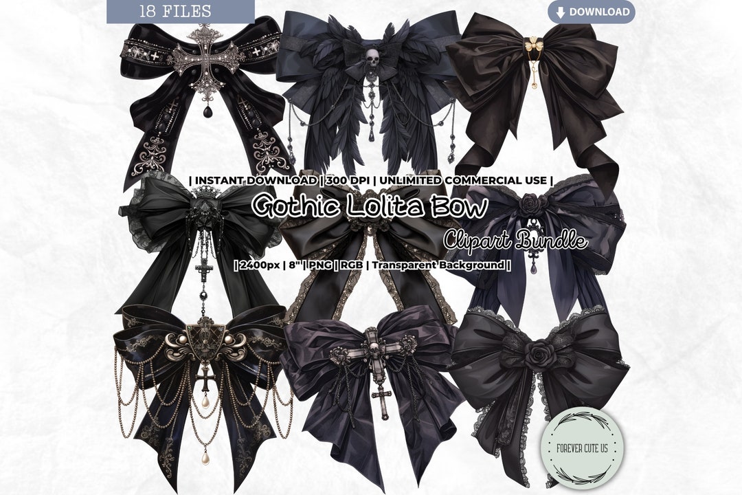 Gothic Lolita Bow Clipart Set, Fashion, Retro Black Lace, Ribbon ...