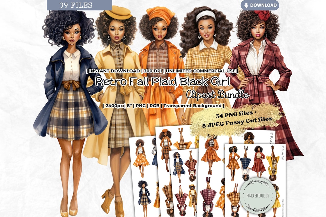 Retro Fall Plaid Black Girl Clipart Bundle, Autumn, Preppy, Fashion ...