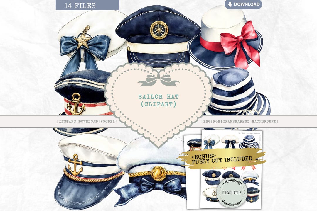 Sailor Hat Clipart, Watercolor, Summer, Nautical, Beach, Navy, Marine ...