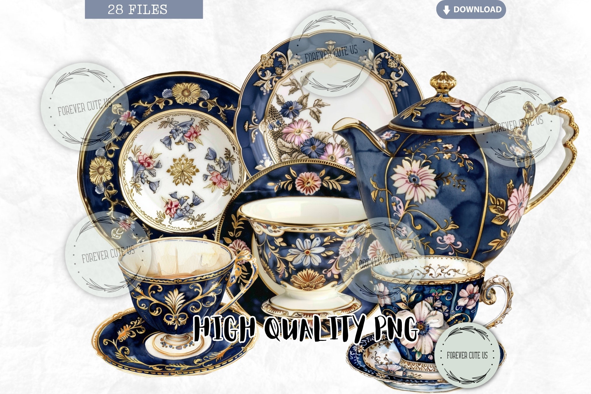 Navy Blue China Tea Set Clipart Set, Royal, Teacup, Teapot, Vintage ...