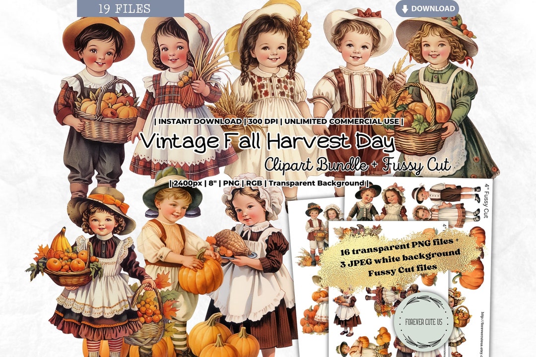 Vintage Fall Harvest Day Clipart Bundle, Little Boy, Little Girl ...