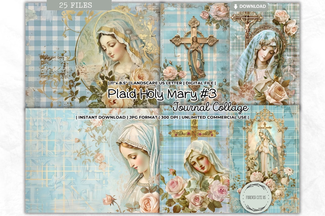 Plaid Holy Mary Journal Collage Sheet, Pastel Blue, Mother Mary Virgin ...