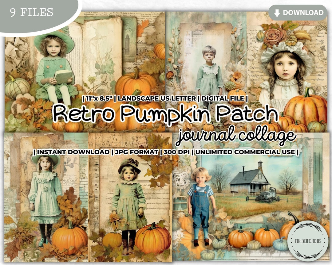 Retro Pumpkin Patch Junk Journal Collage Sheet, Retro, Kid, Boy, Girl ...