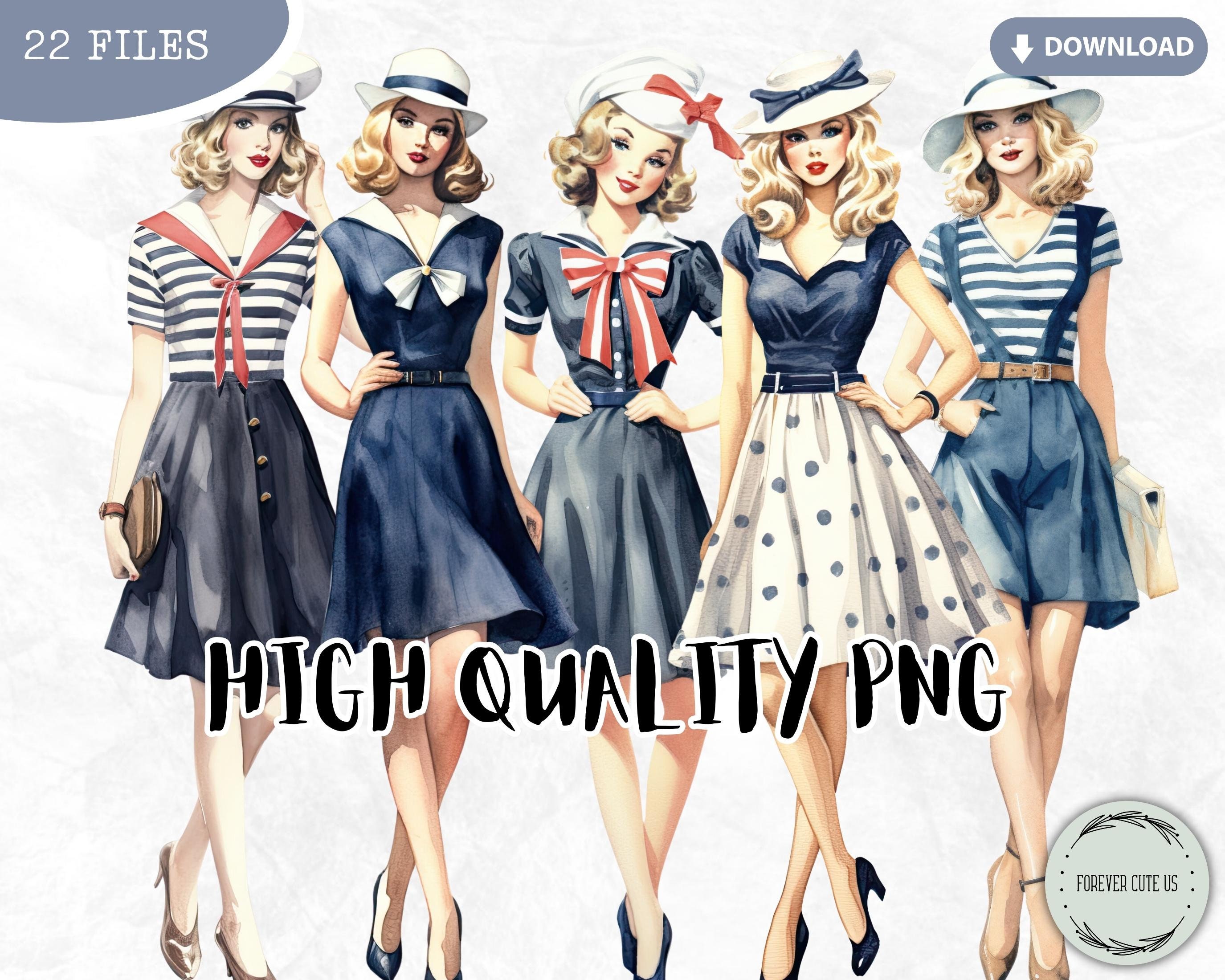Vintage Nautical Girl Clipart Bundle, Retro, Anchor, Summer, Stripe ...