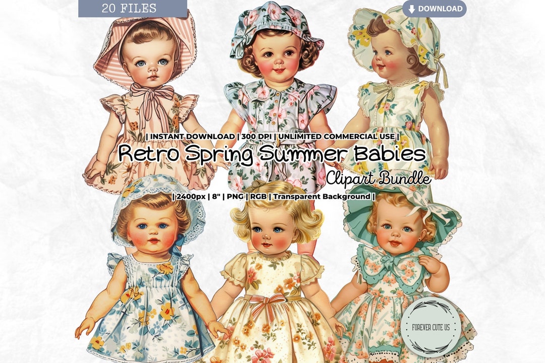 Retro Spring Summer Babies Clipart, Vintage, Dress, Little Girl, Infant ...