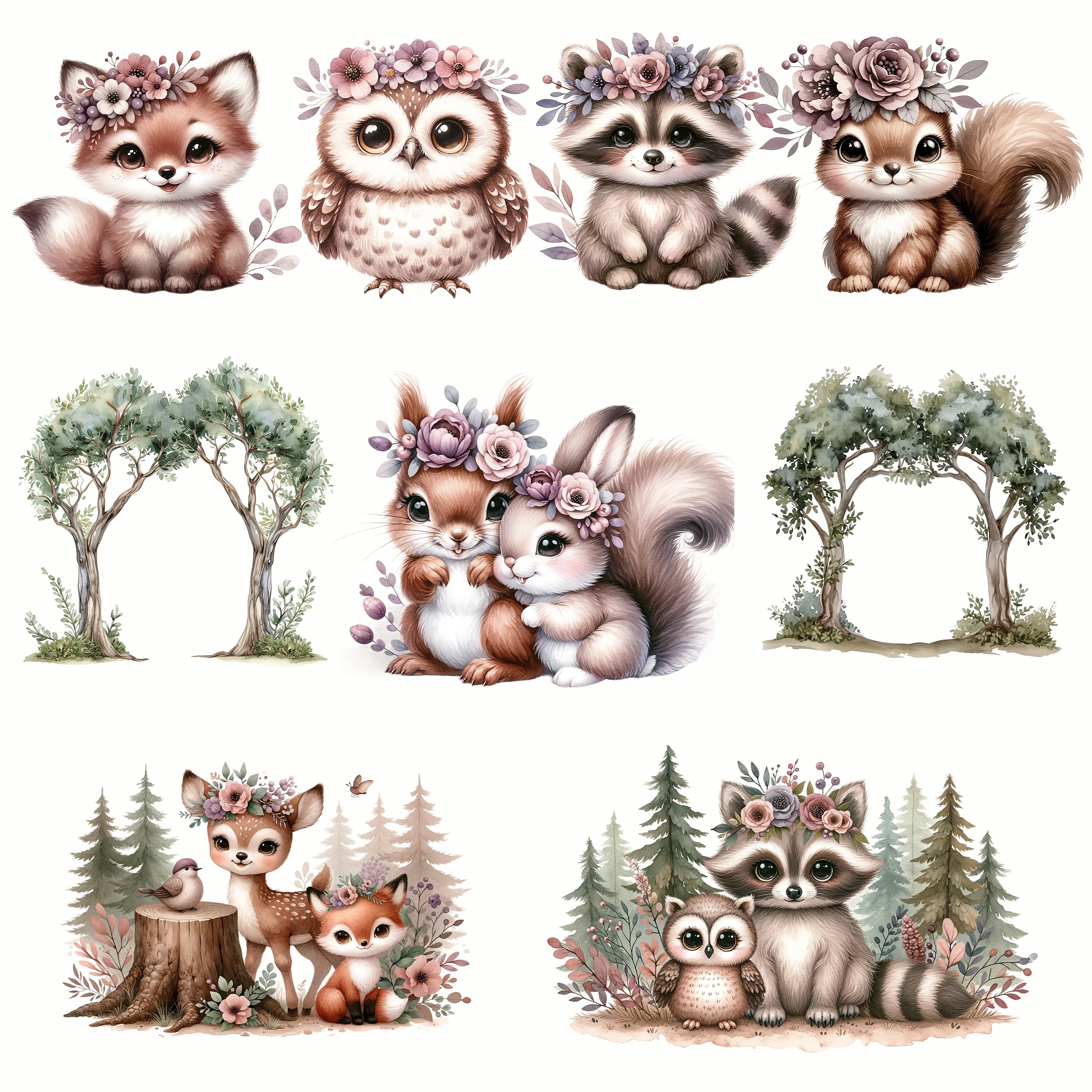 Watercolor Woodland Cuties, Watercolor Clipart, Woodland Png, Bunnies ...