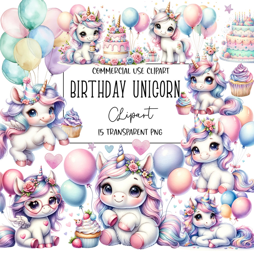 Birthday Unicorns, Watercolor Clipart, Unicorn Clipart, Clipart Bundle ...