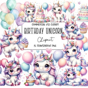 Birthday Unicorns, Watercolor Clipart, Unicorn Clipart, Clipart Bundle ...