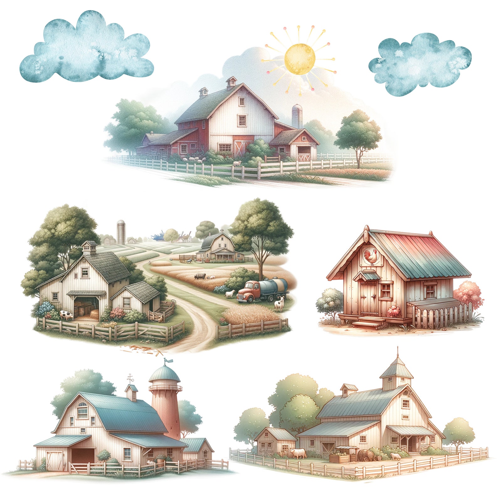 Farm Life, Watercolor Clipart, Farm Clipart, Farm Animals, PNG File ...
