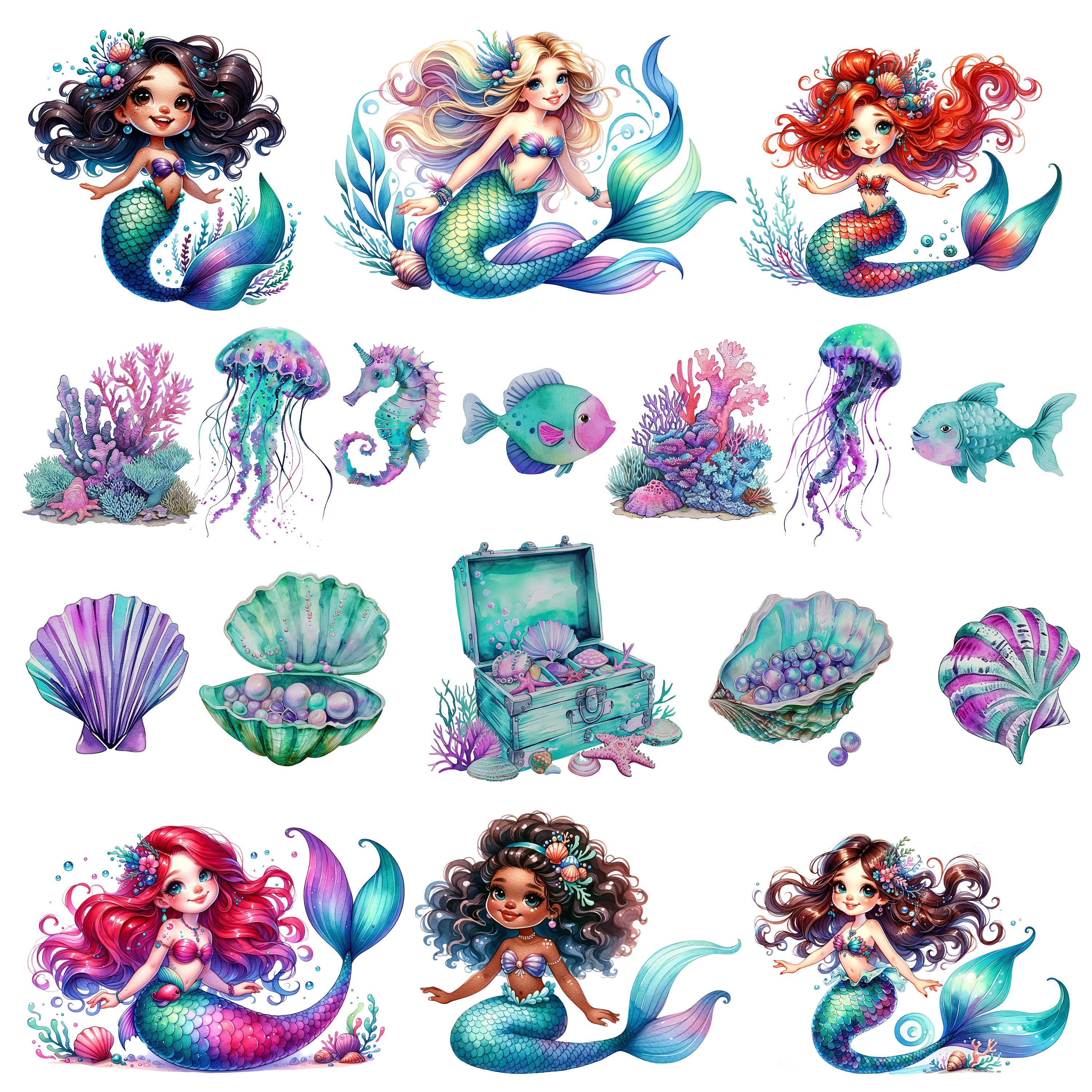 Watercolor Mermaid Fantasy, Watercolor Clipart, Mermaids, PNG File ...