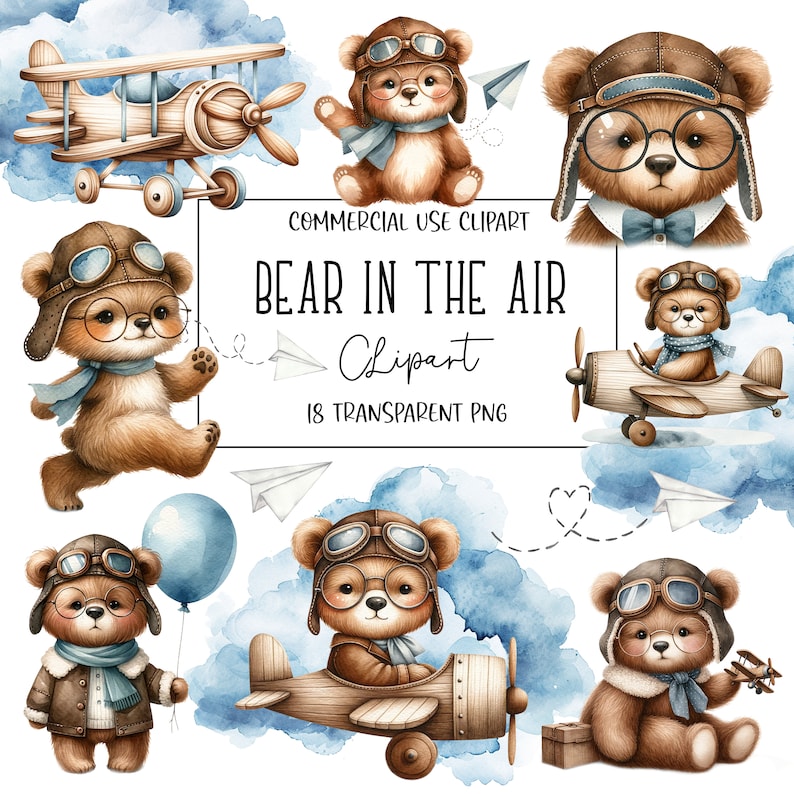 Bear in the Air, Watercolor Clipart, Bear Clipart, Aviator, Baby Boy ...