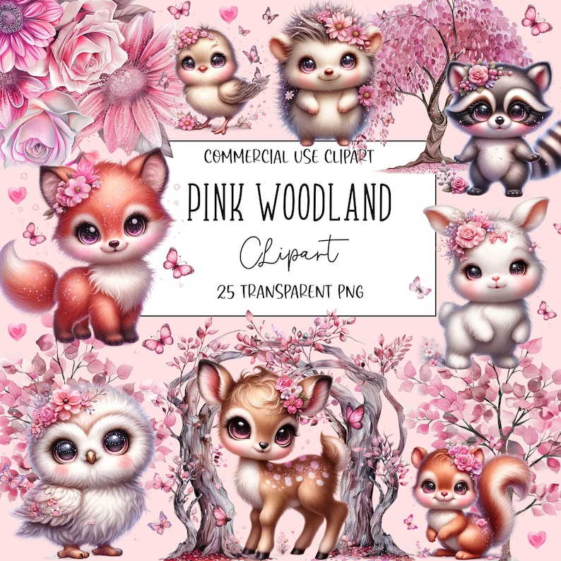 Pink Woodland Clipart, Watercolor Clipart, Woodland Png, Woodland ...