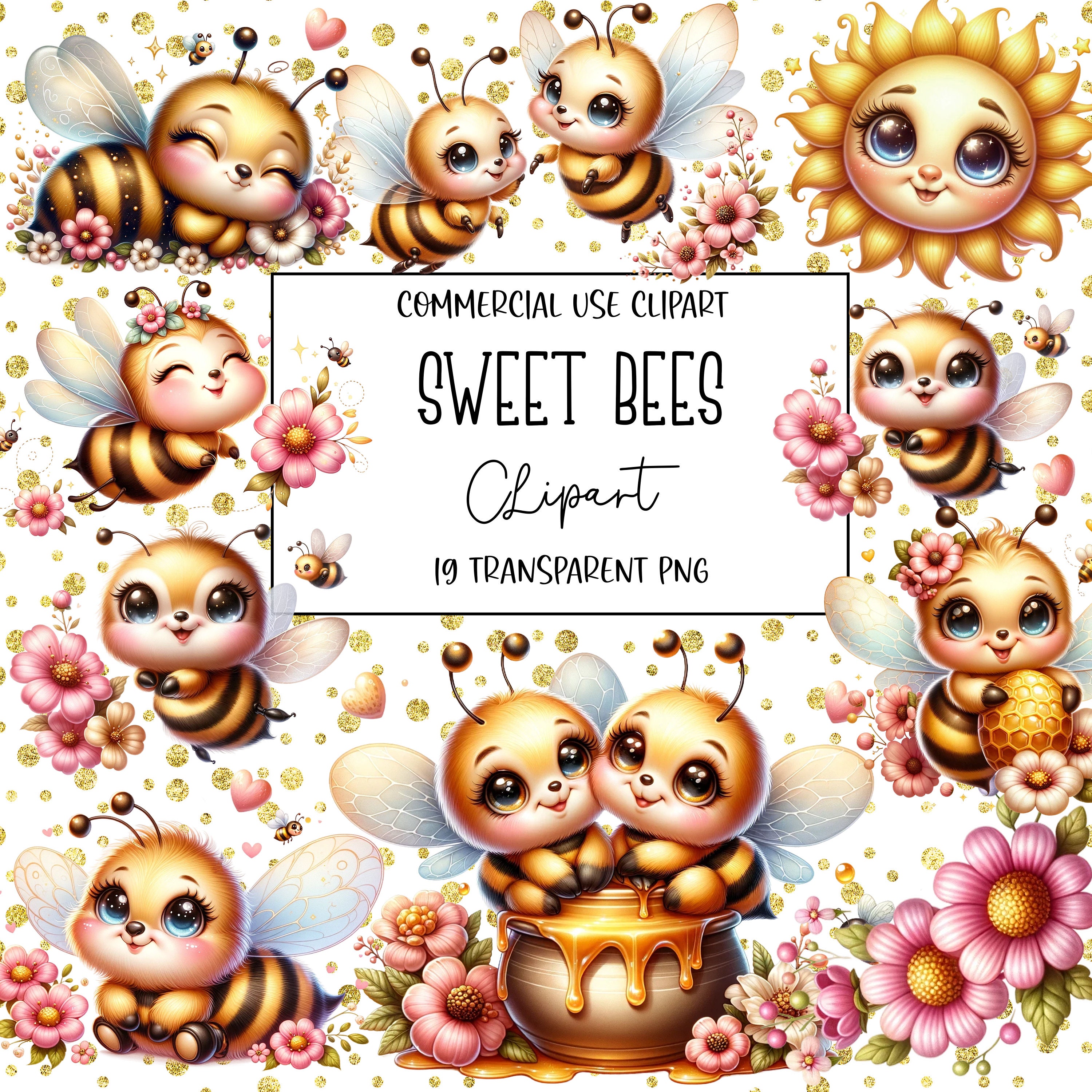 Sweet Bees, Cute Bees Clipart, Cute Bees Png, Bees Clipart Bundle ...