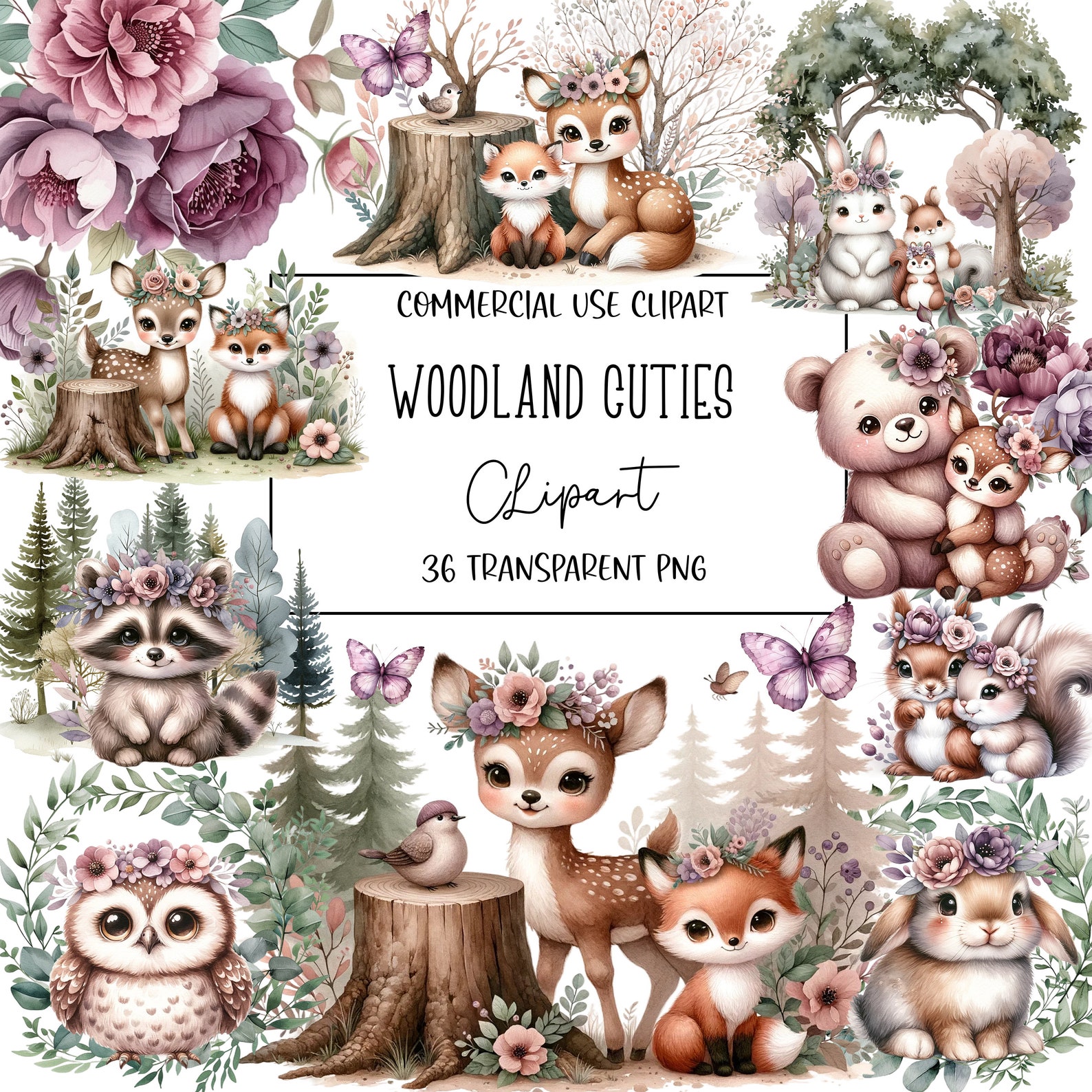 Watercolor Woodland Cuties, Watercolor Clipart, Woodland Png, Bunnies ...