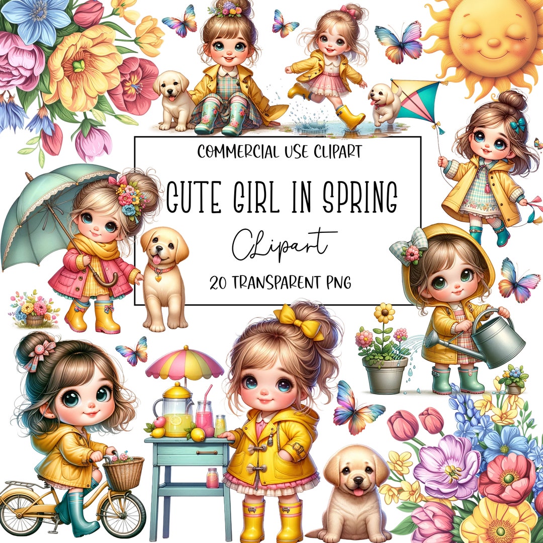 Cute Girl in Spring, Spring Clipart, Cute Spring Png, Clipart Bundle ...