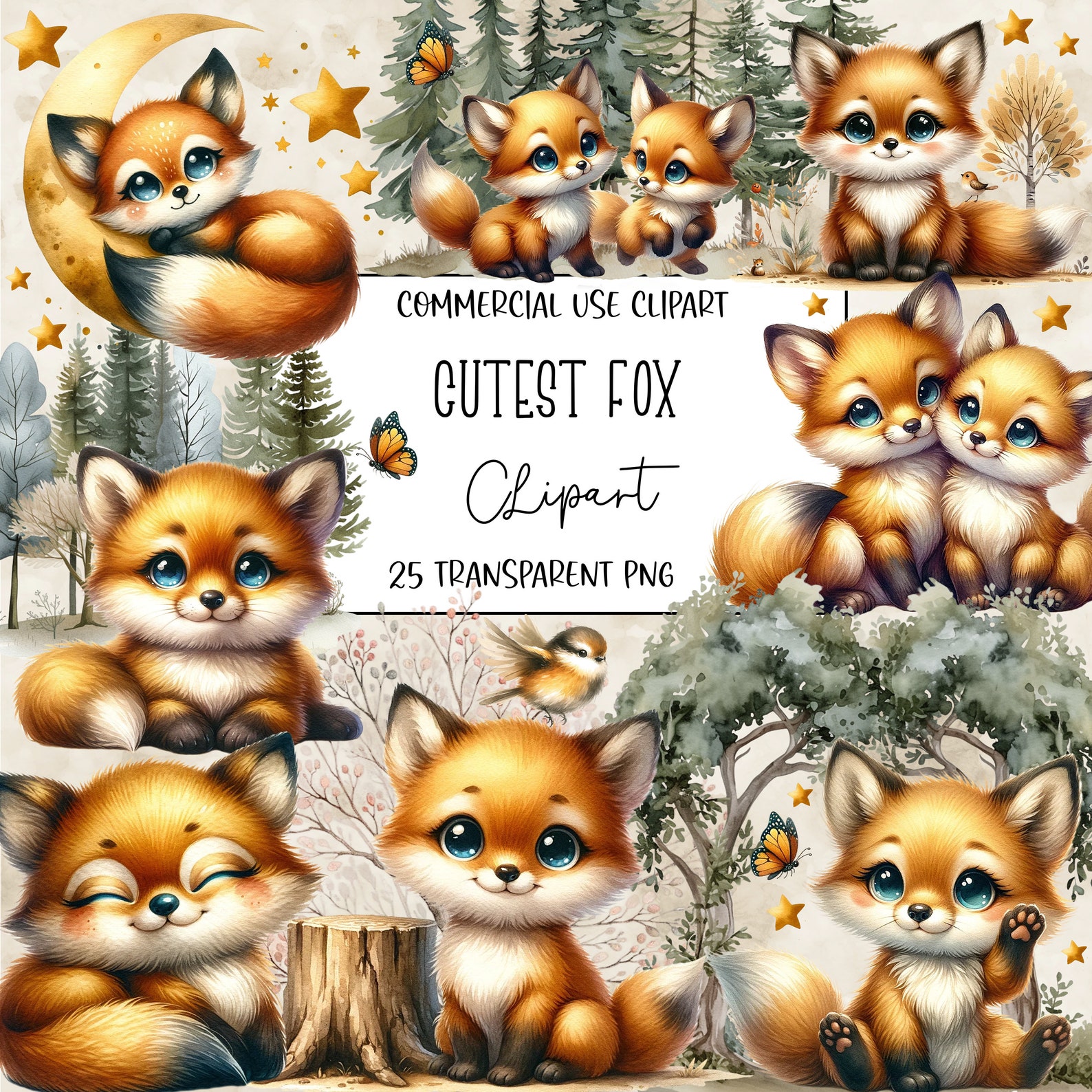 Cute Fox, Fox Clipart, Fox PNG, Clipart Bundle, Birthday Clipart, Cute ...