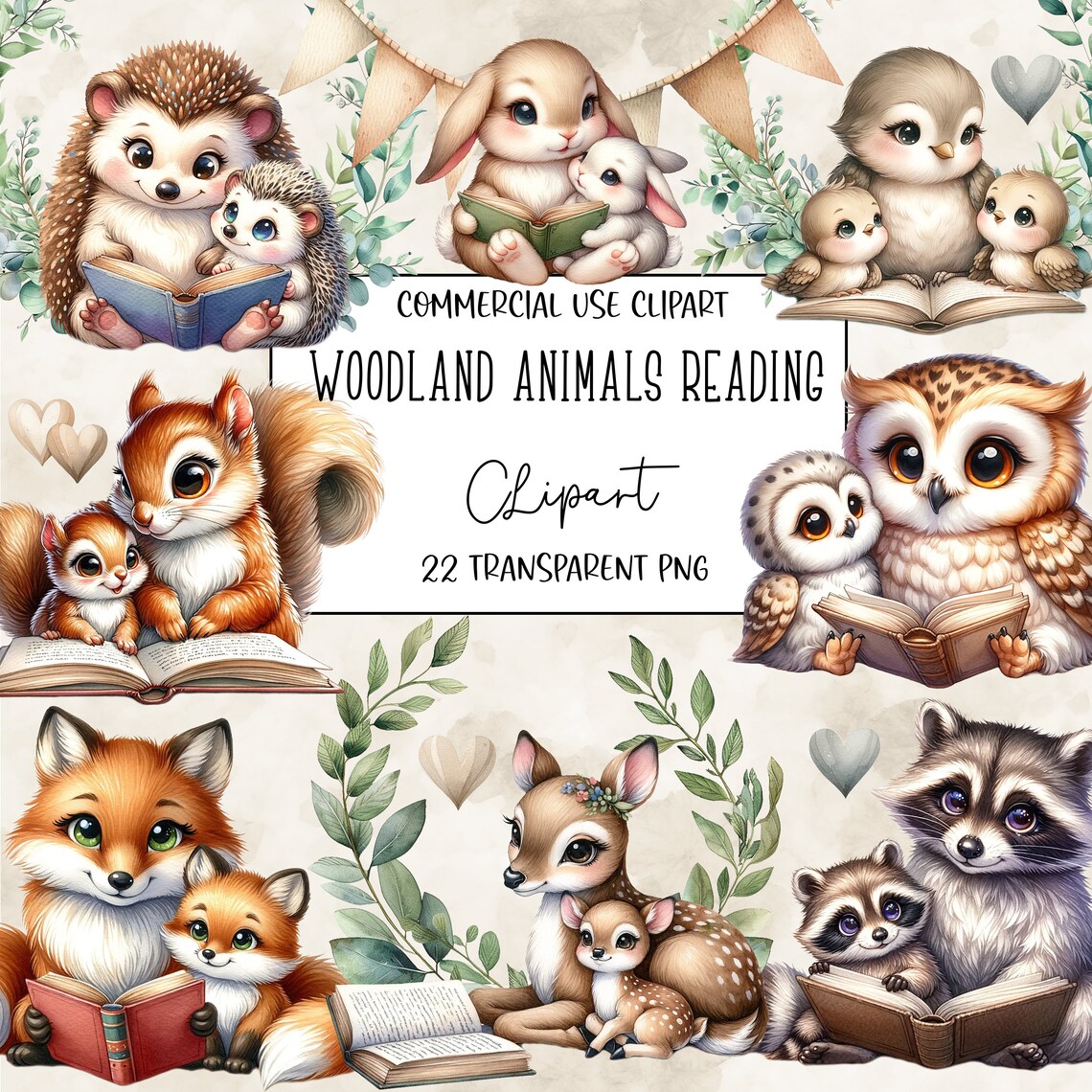 Woodland Animals Reading, Reading Animals Clipart, Png, Nursery ...