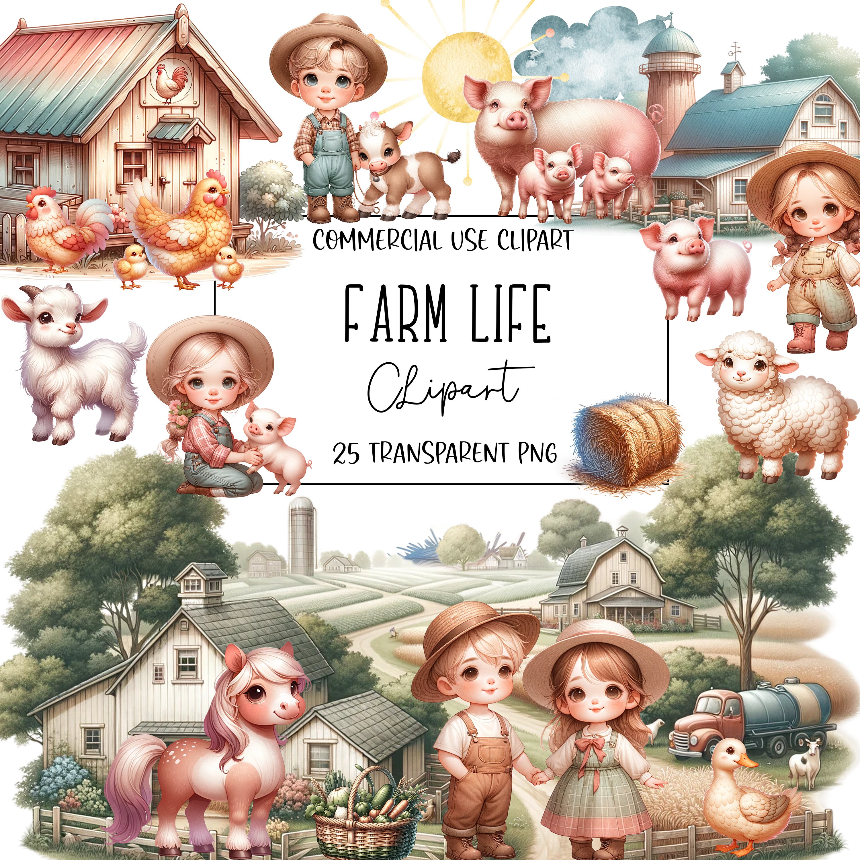 Farm Life, Watercolor Clipart, Farm Clipart, Farm Animals, PNG File ...