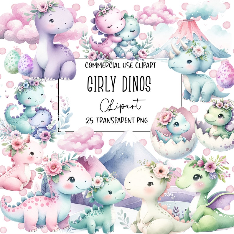 Girly Dinos, Dinosaur Clipart, Dinosaur PNG, Clipart Bundle, Girly ...