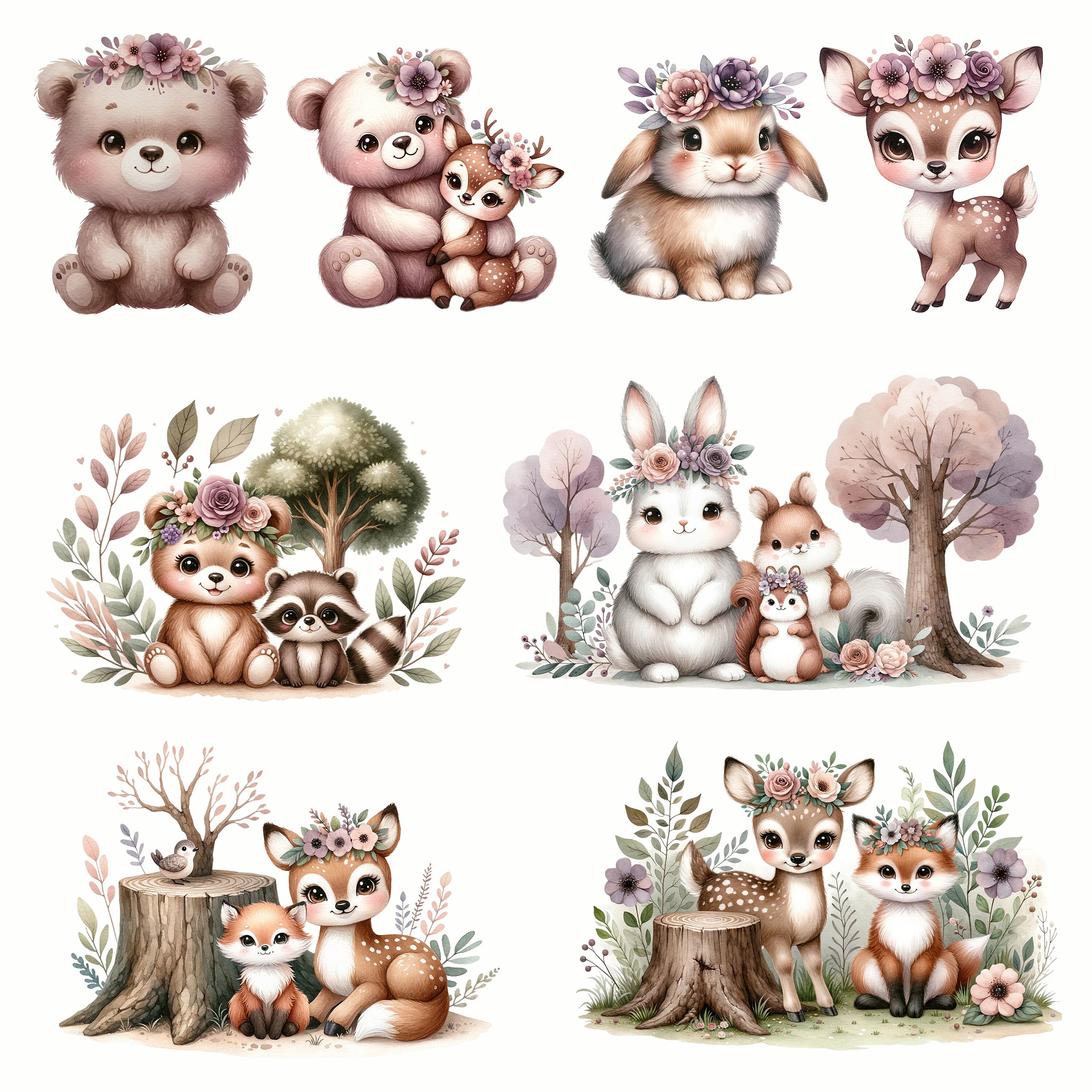 Watercolor Woodland Cuties, Watercolor Clipart, Woodland Png, Bunnies ...