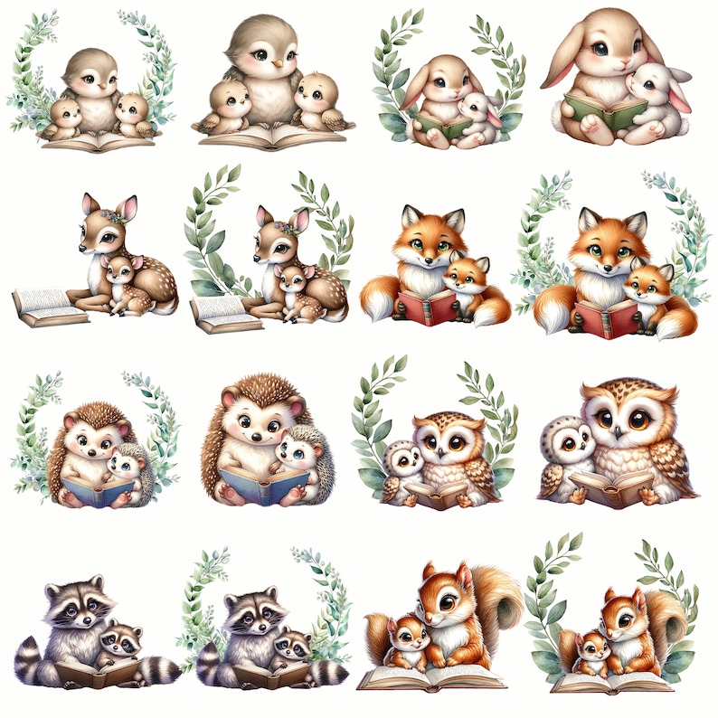 Woodland Animals Reading, Reading Animals Clipart, Png, Nursery ...