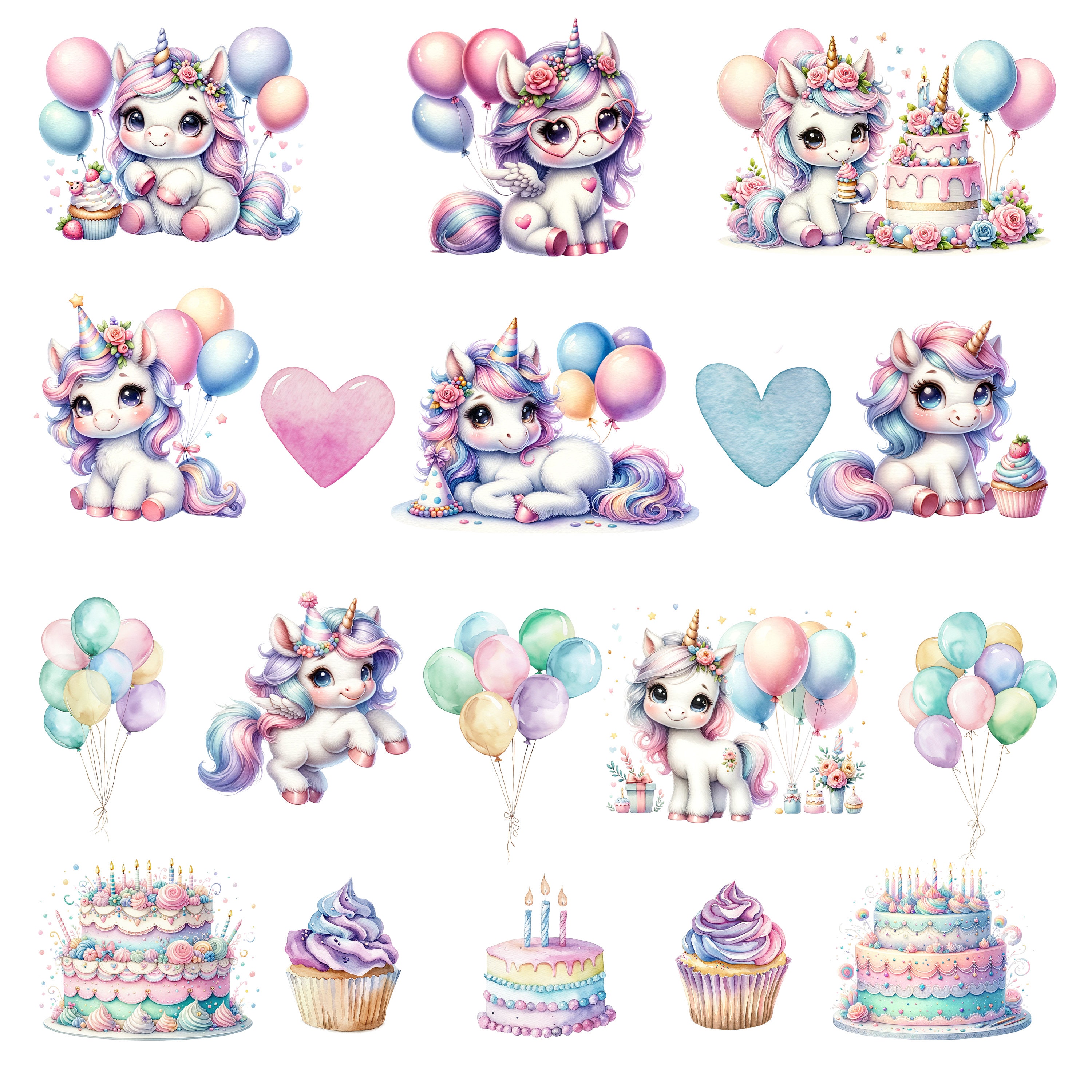 Birthday Unicorns, Watercolor Clipart, Unicorn Clipart, Clipart Bundle ...