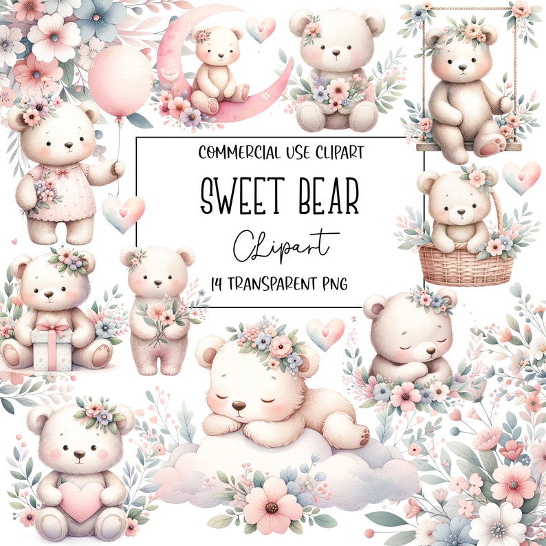 Sweet Bear, Baby Girl, Cute Bear Clipart, Baby Bear, Clipart Bundle ...