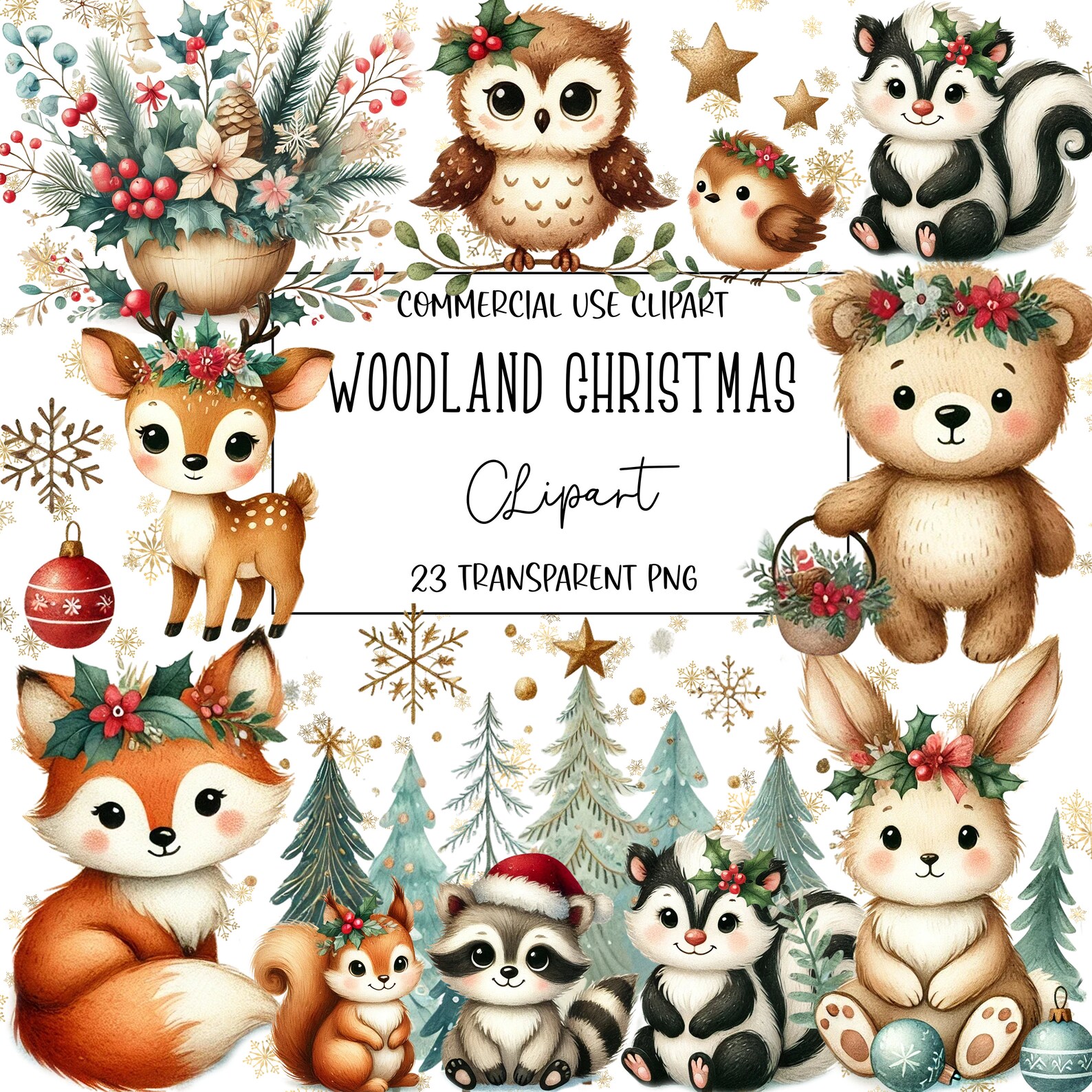Woodland Christmas, Christmas Clipart, Christmas Png, Watercolor ...