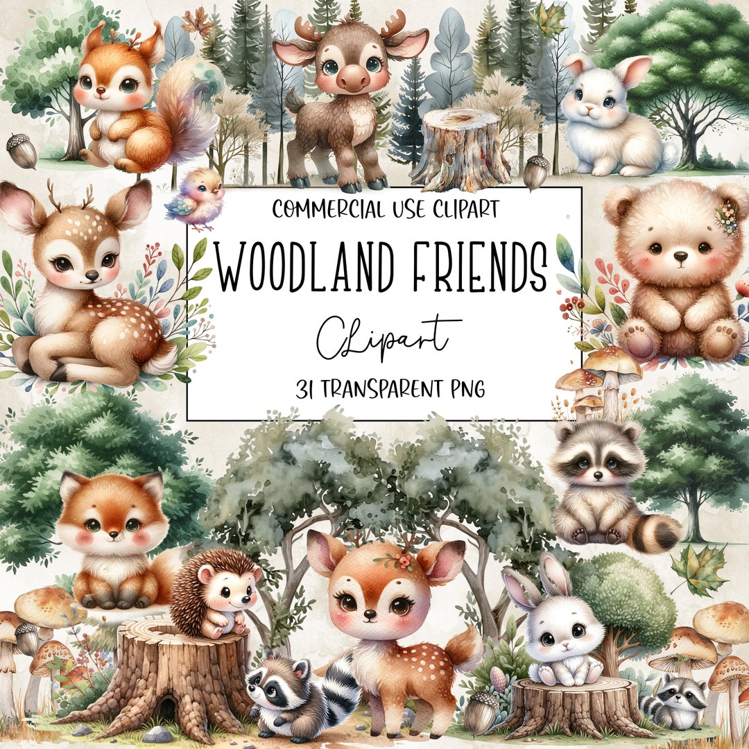 Watercolor Woodland Friends, Watercolor Clipart, Bunnies, PNG File ...