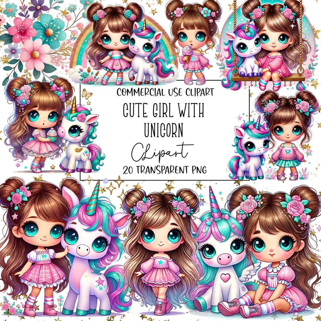 Cute Girl With Unicorn, Unicorn Clipart, Clipart Bundle, Unicorn Png ...
