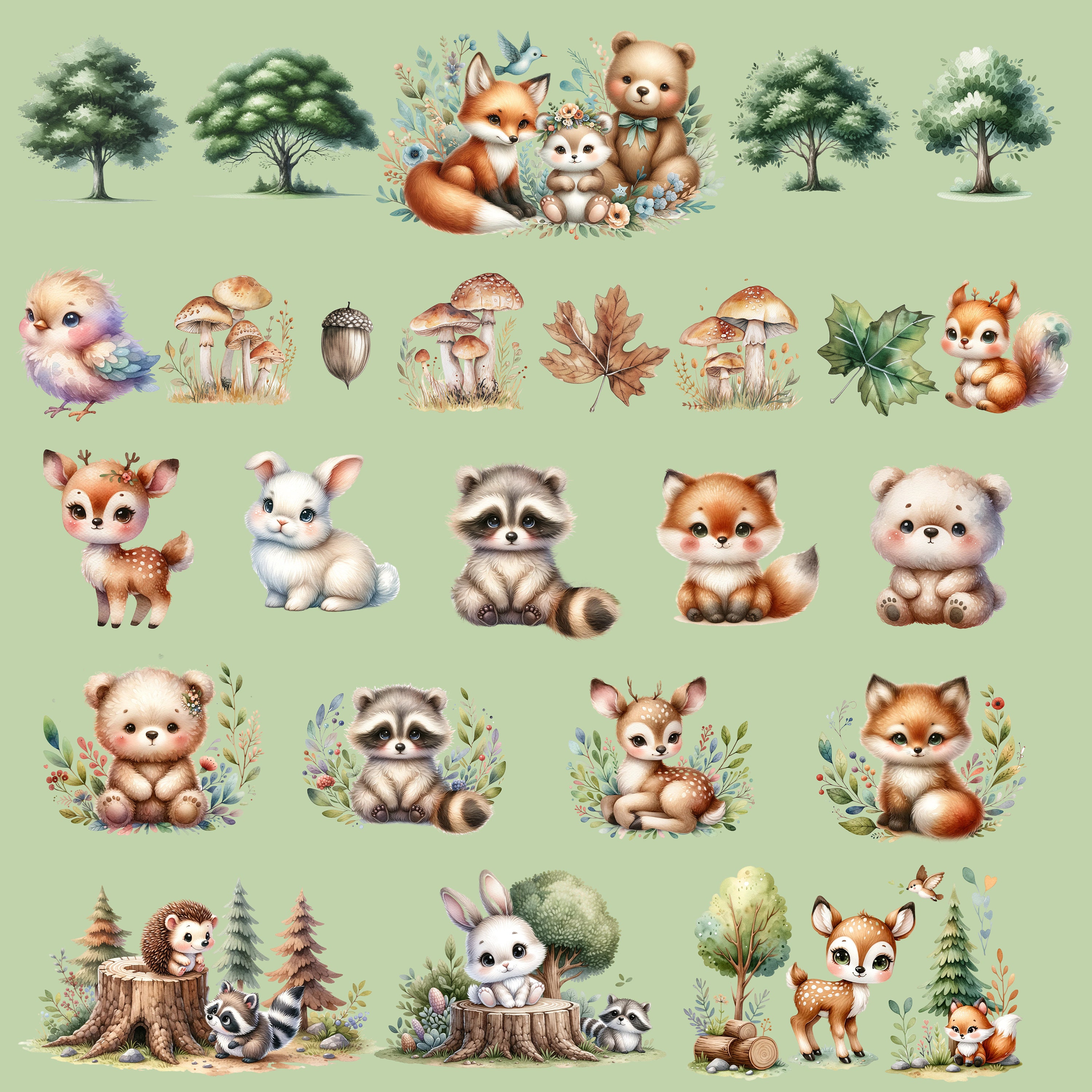 Watercolor Woodland Friends, Watercolor Clipart, Bunnies, PNG File ...