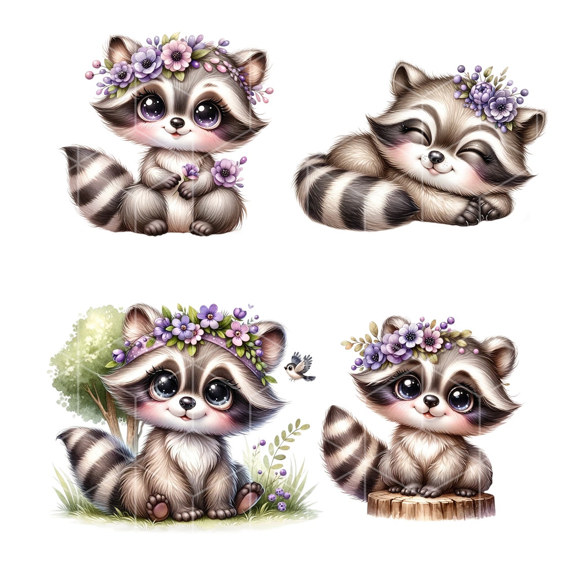 Sweet Raccoon, Raccoon Clipart Bundle, Cute Raccoon Png, Watercolor ...