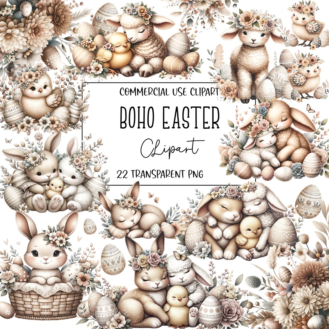 Boho Easter, Clipart, Easter Clipart, Bunnies, Easter, Neutral, PNG ...