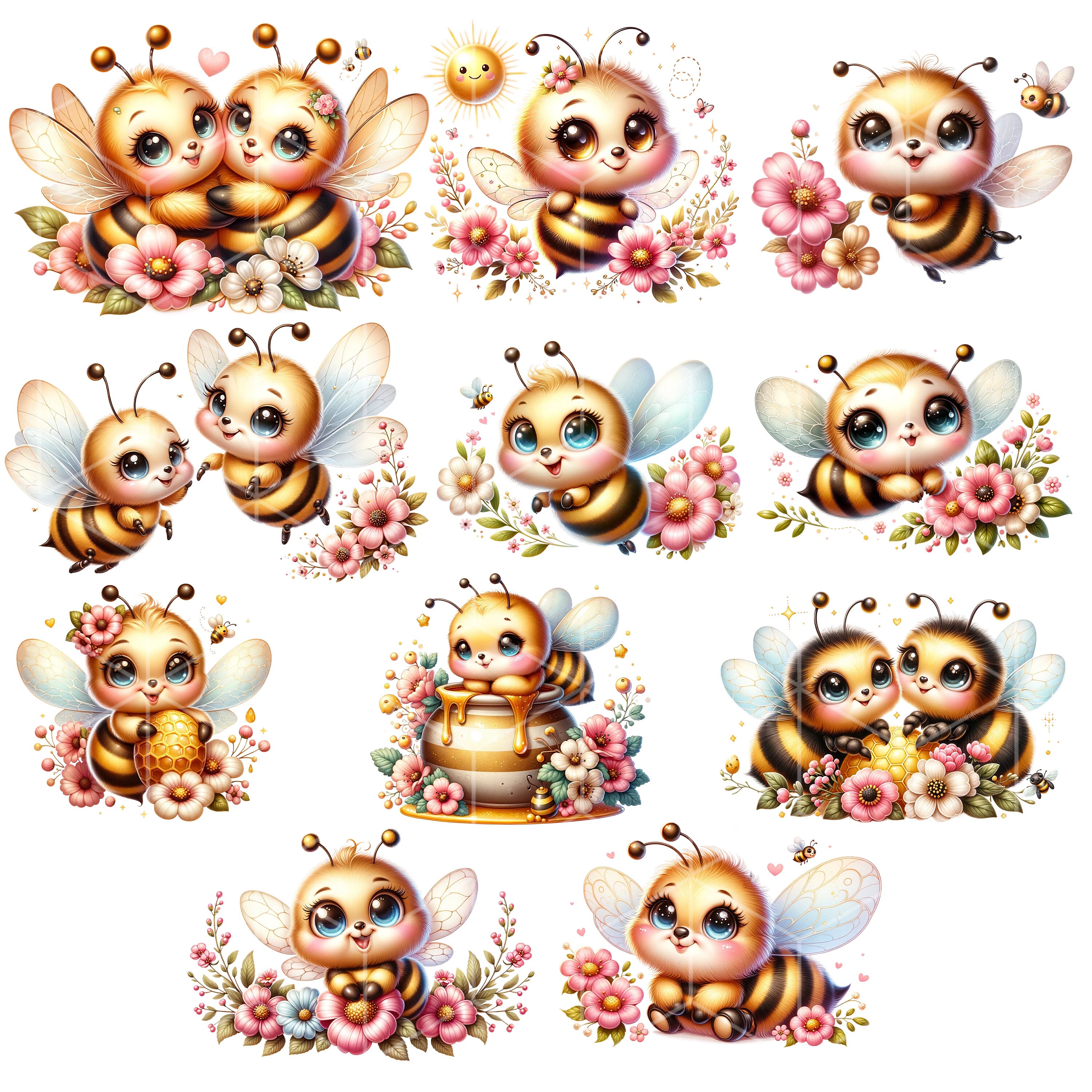 Sweet Bees, Cute Bees Clipart, Cute Bees Png, Bees Clipart Bundle ...