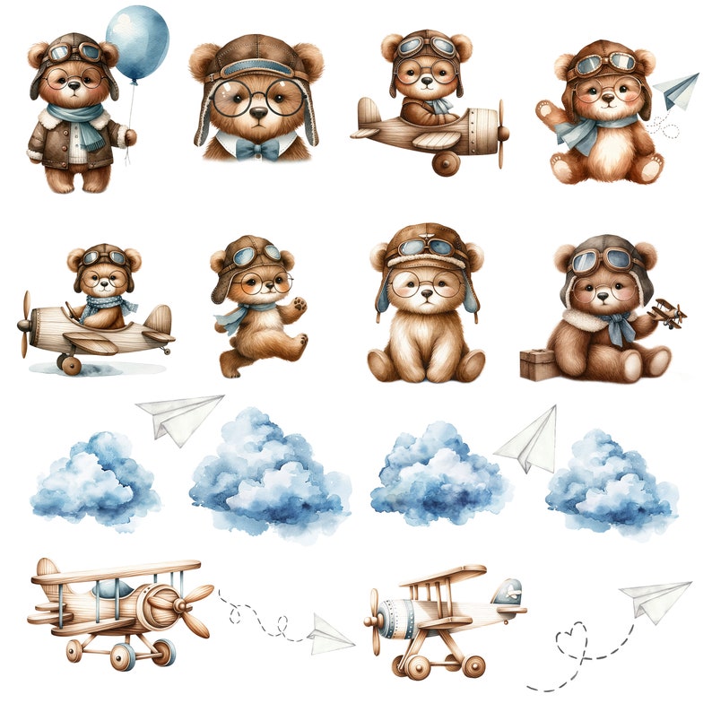 Bear in the Air, Watercolor Clipart, Bear Clipart, Aviator, Baby Boy ...