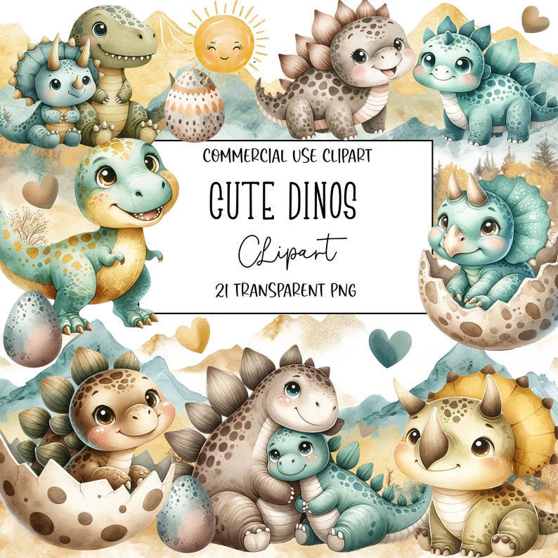 Cute Dinos, Dinosaur Clipart, Dinosaur PNG, Clipart Bundle, Dino ...