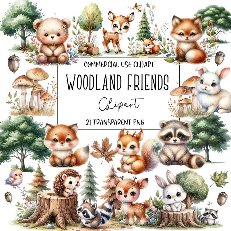 Watercolor Woodland Friends, Watercolor Clipart, Bunnies, PNG File ...