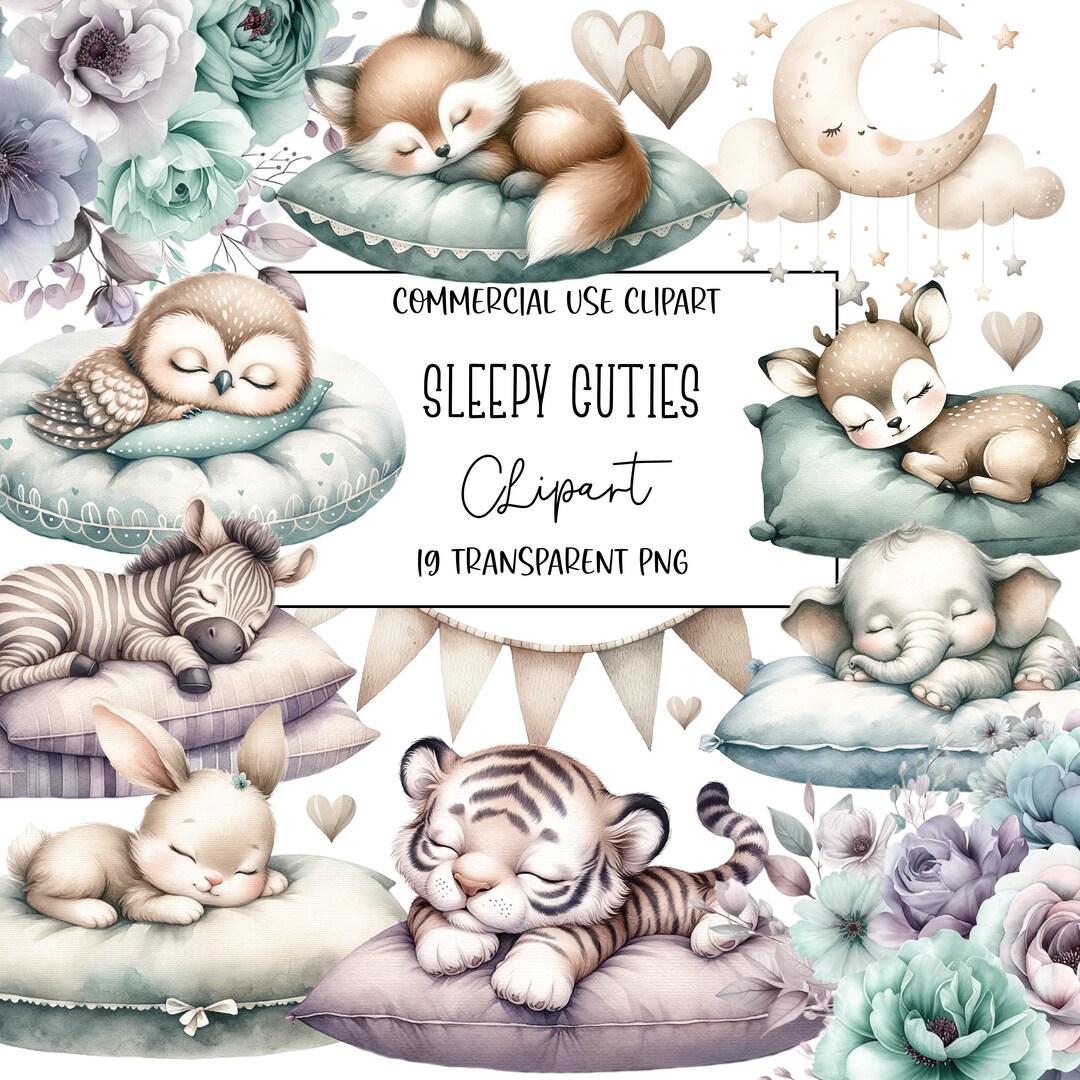 Sleepy Cuties, Watercolor Clipart, Animals Sleeping Png, Baby Clipart, Clipart Bundle, PNG File ...